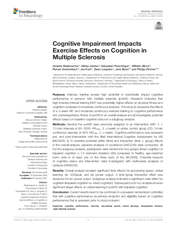 (PDF) Cognitive Impairment Impacts Exercise Effects on Cognition in Multiple Sclerosis
