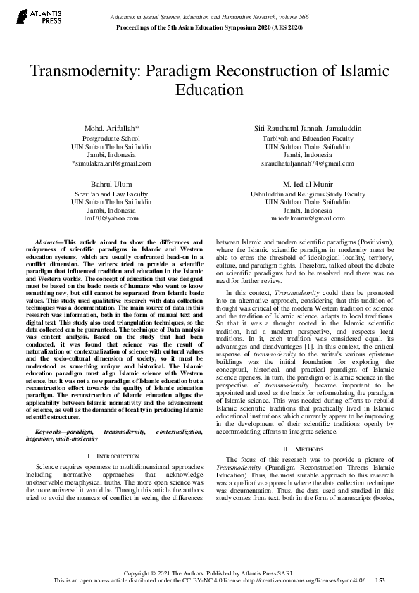 (PDF) Transmodernity: Paradigm Reconstruction of Islamic Education (PDF) Transmodernity: Paradigm Reconstruction of Islamic Education