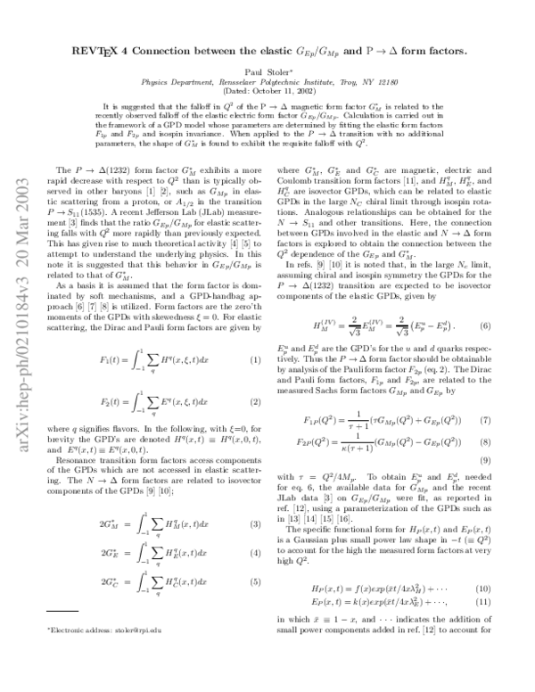 (PDF) Connection between the Elastic GEp/GMp and P→Δ Form Factors