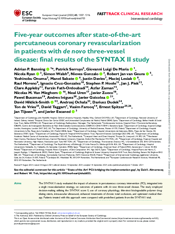 (PDF) Five-year outcomes after state-of-the-art percutaneous coronary revascularization in ...