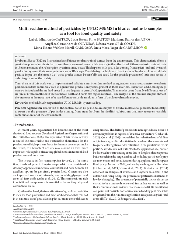 (PDF) Multi-residue method of pesticides by UPLC-MS/MS in bivalve mollusks samples as a tool for ...