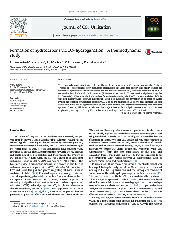 (PDF) Formation of hydrocarbons via CO2 hydrogenation - A thermodynamic ...