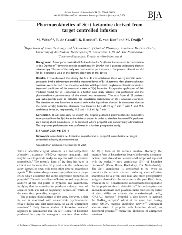 (PDF) Pharmacokinetics of S(+) ketamine derived from target controlled ...