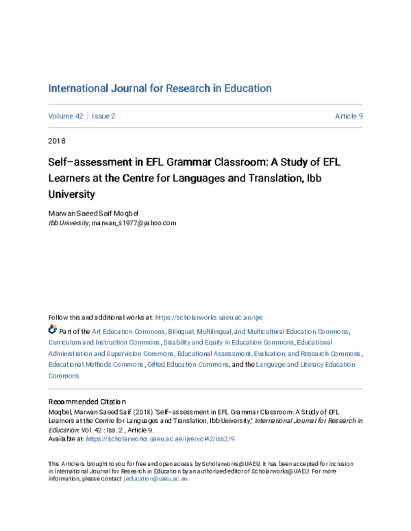 (PDF) Self–assessment in EFL Grammar Classroom: A Study of EFL Learners ...