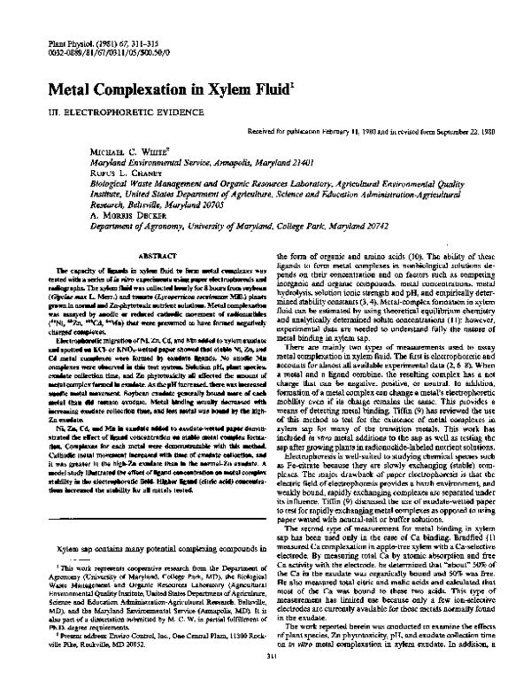 (PDF) Metal Complexation in Xylem Fluid | Rufus Chaney - Academia.edu