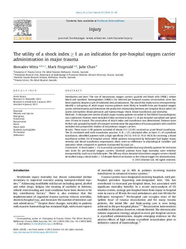 (PDF) The utility of a shock index≥1 as an indication for pre-hospital ...