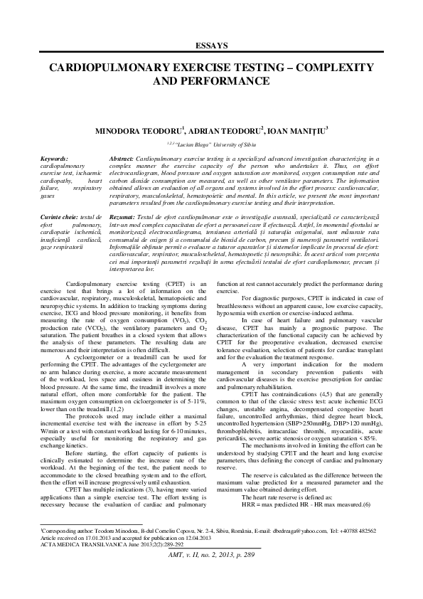 (PDF) Cardiopulmonary Exercise Testing - Complexity and Performance
