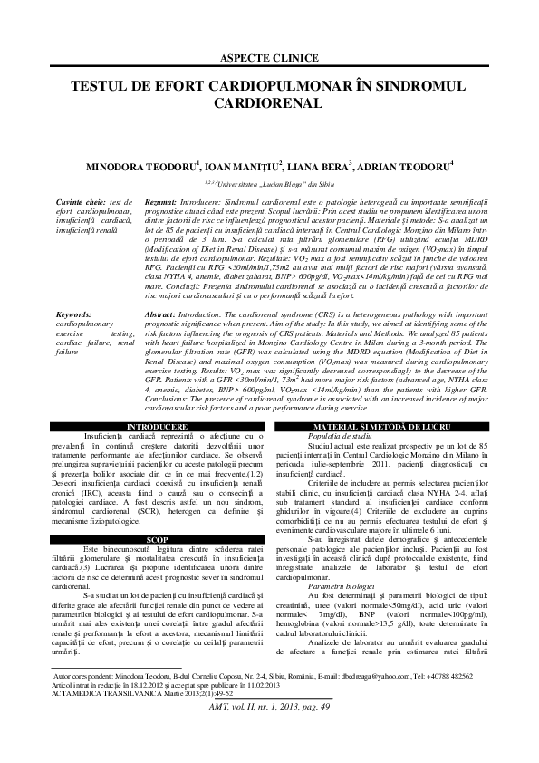 (PDF) Testul De Efort Cardiopulmonar În Sindromul Cardiorenal