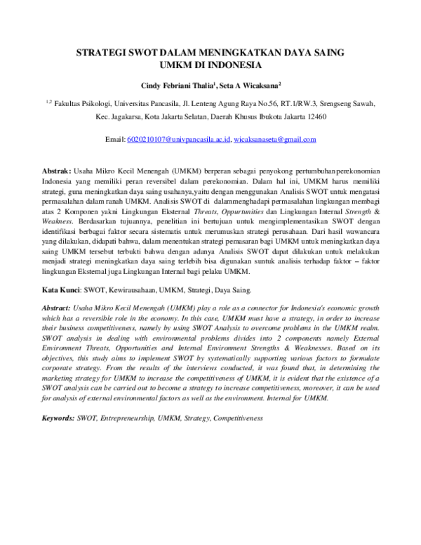 (PDF) STRATEGI SWOT DALAM MENINGKATKAN DAYA SAING UMKM DI INDONESIA