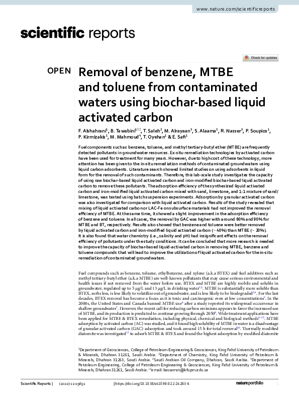 (PDF) Removal of Benzene, MTBE and Toluene from Contaminated Waters ...