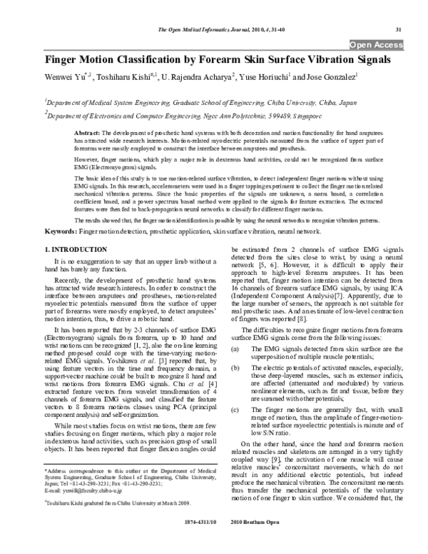 (PDF) Finger Motion Classification by Forearm Skin Surface Vibration Signals