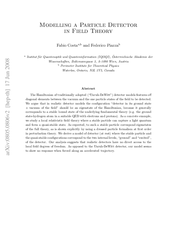 (PDF) Ju n 20 08 Modelling a Particle Detector in Field Theory