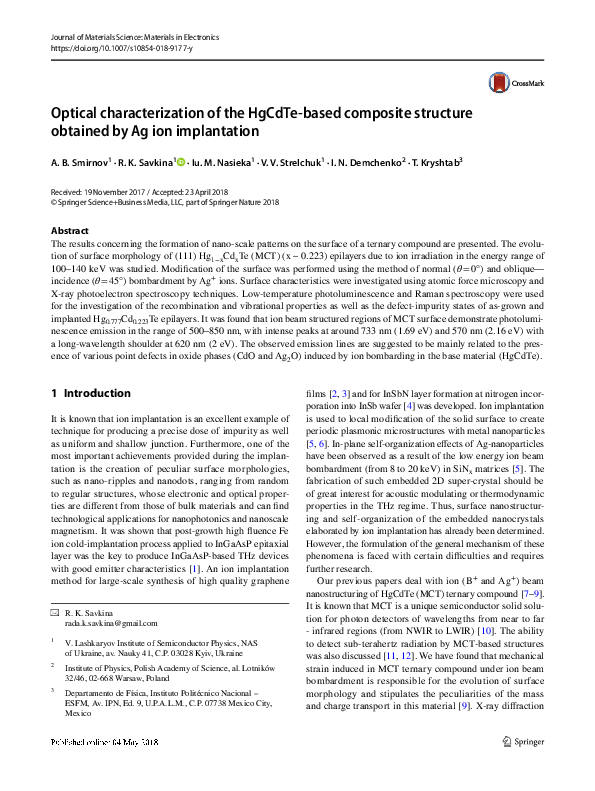 (PDF) Optical characterization of the HgCdTe-based composite structure obtained by Ag ion ...