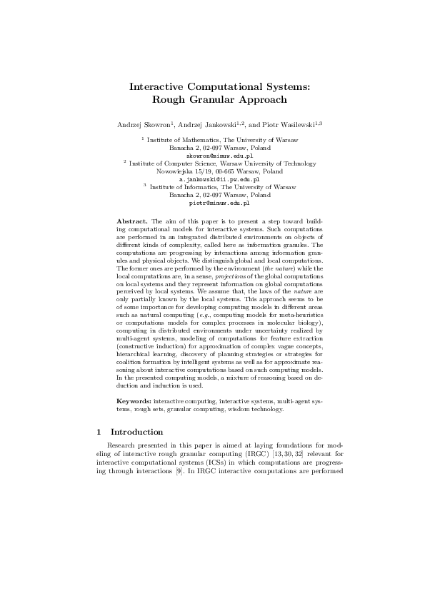 (PDF) Interactive Computational Systems: Rough Granular Approach