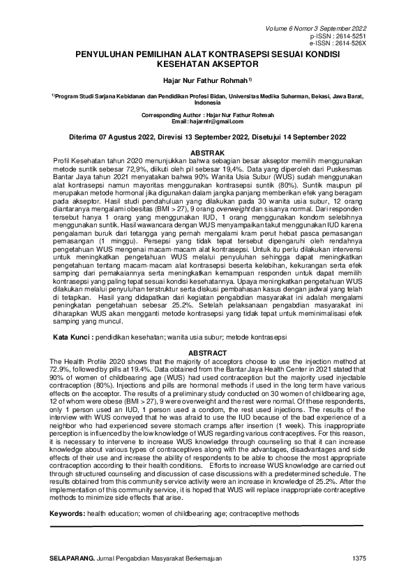 (PDF) Penyuluhan Pemilihan Alat Kontrasepsi Sesuai Kondisi Kesehatan Akseptor