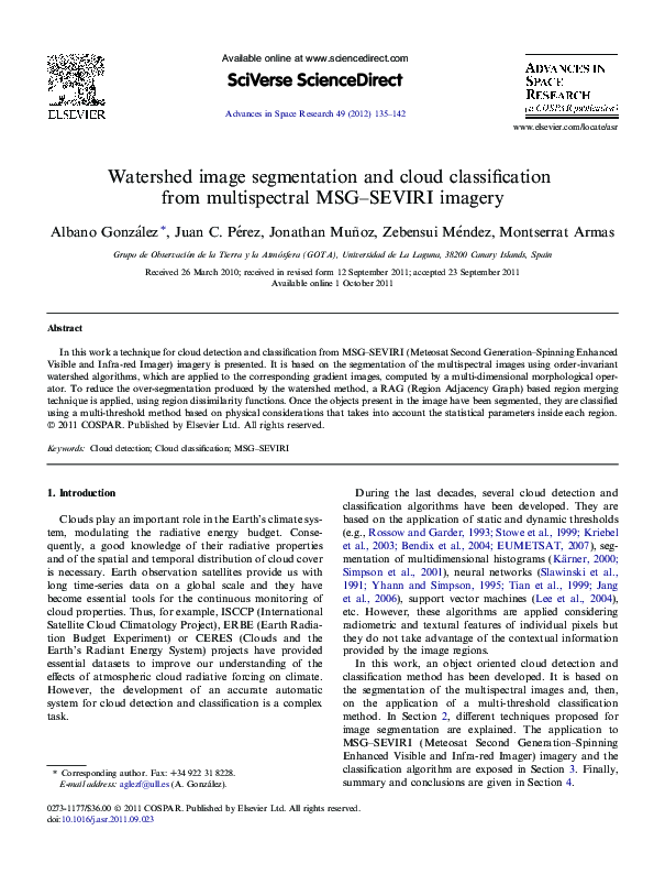 (PDF) Watershed image segmentation and cloud classification from multispectral MSG–SEVIRI imagery