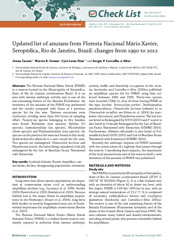 (PDF) Updated list of anurans from Floresta Nacional Mário Xavier, Seropédica, Rio de Janeiro ...