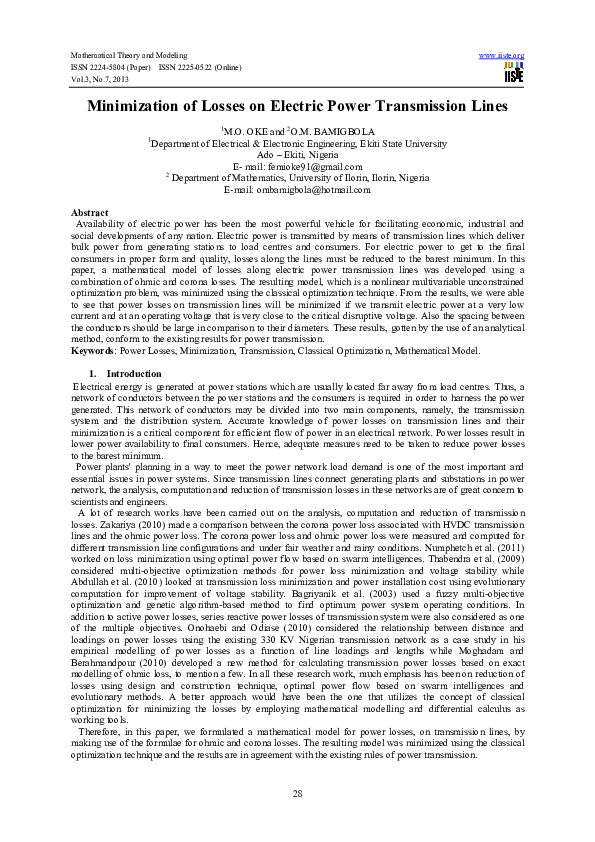 (PDF) Minimization of Losses on Electric Power Transmission Lines