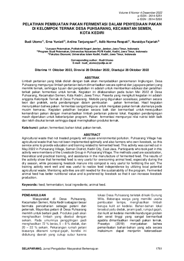 (PDF) Pelatihan Pembuatan Pakan Fermentasi Dalam Rangka Penyediaan Pakan DI Kelompok Ternak Desa ...