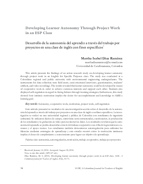 (PDF) Developing Learner Autonomy Through Project Work in an ESP Class