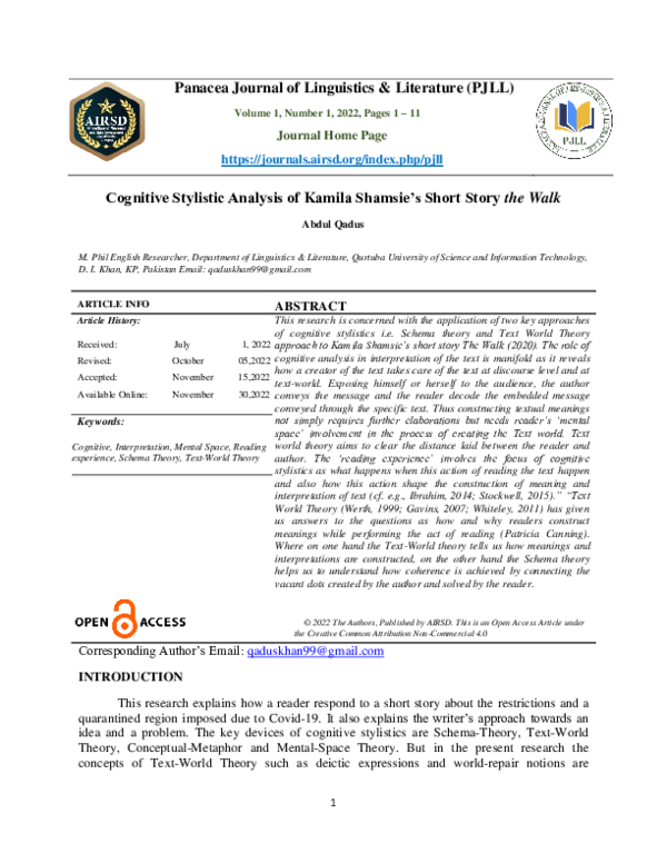 (PDF) Cognitive Stylistic Analysis of Kamila Shamsie’s Short Story the Walk