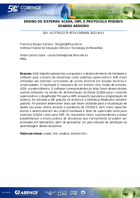 (PDF) Ensino De Sistemas Scada, Ihm, e Protocolo Modbus Usando Arduino (PDF) Ensino De Sistemas Scada, Ihm, e Protocolo Modbus Usando Arduino