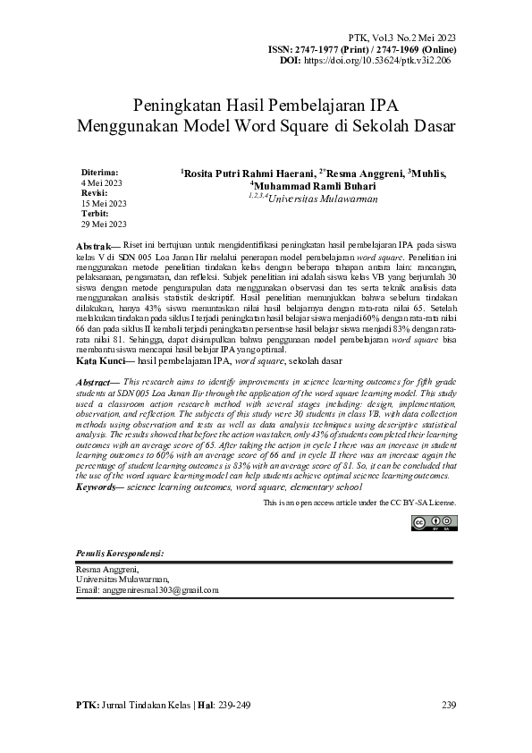 (PDF) Peningkatan Hasil Pembelajaran IPA Menggunakan Model Word Square di Sekolah Dasar
