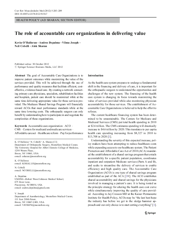 (PDF) The role of accountable care organizations in delivering value