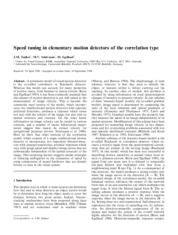 (PDF) Speed tuning in elementary motion detectors of the correlation type