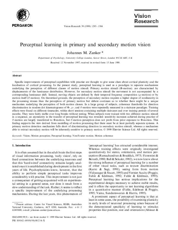 (PDF) Perceptual learning in primary and secondary motion vision