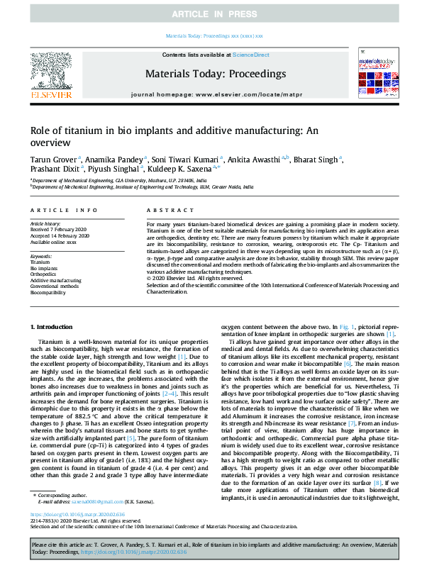 (PDF) Role of titanium in bio implants and additive manufacturing: An ...