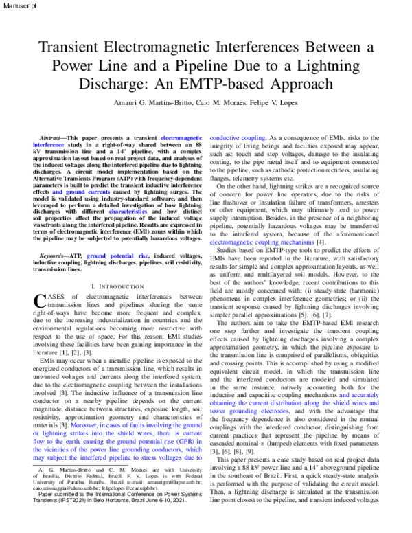 (PDF) Transient electromagnetic interferences between a power line and a pipeline due to a ...