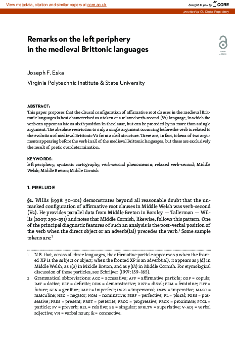 (PDF) Remarks on the left periphery in the medieval Brittonic languages