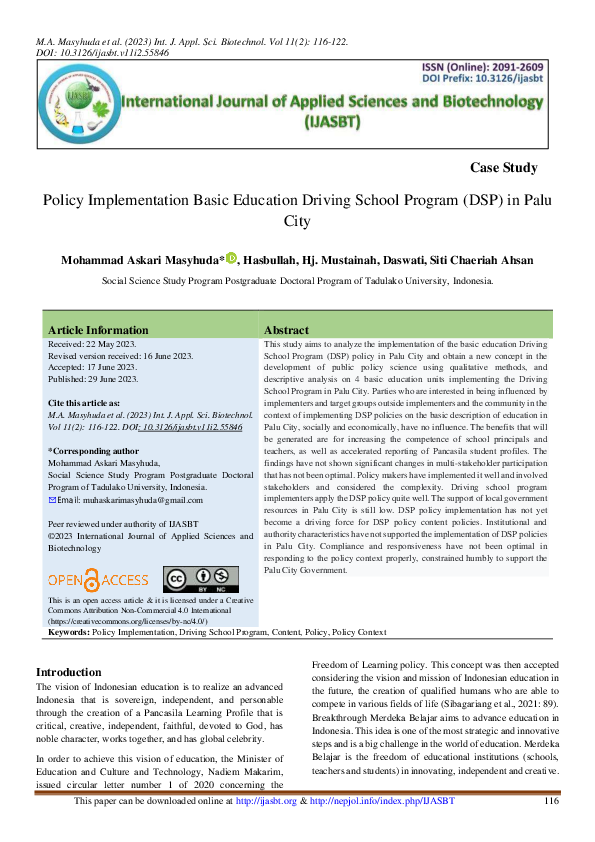 (PDF) Policy Implementation Basic Education Driving School Program (DSP) in Palu City