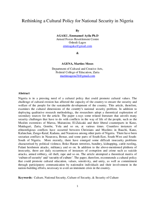 (PDF) Rethinking a Cultural Policy for National Security in Nigeria