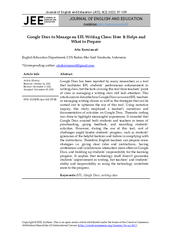 (PDF) Google Docs to Manage an EFL Writing Class: How It Helps and What ...