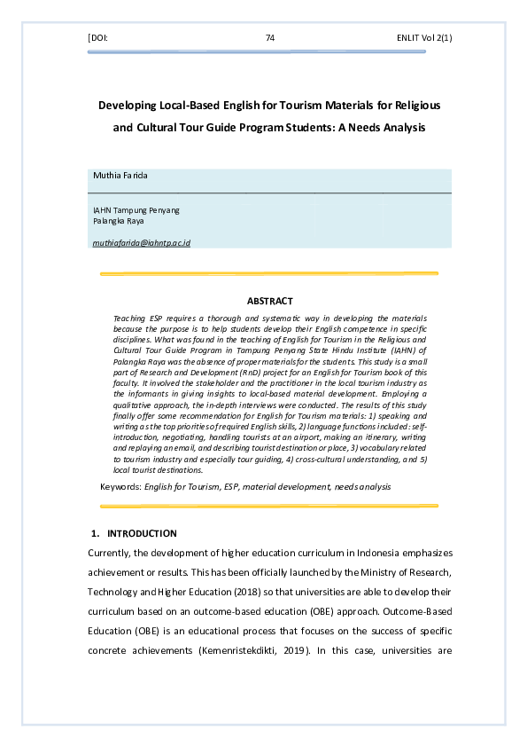 (PDF) Developing Local-Based English for Tourism Material for Religious ...