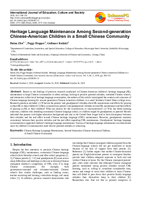 (PDF) Heritage Language Maintenance Among Second-generation Chinese ...