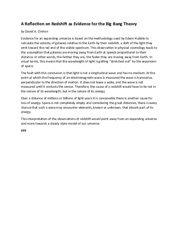 (PDF) A Reflection on Redshift as Evidence for the Big Bang Theory