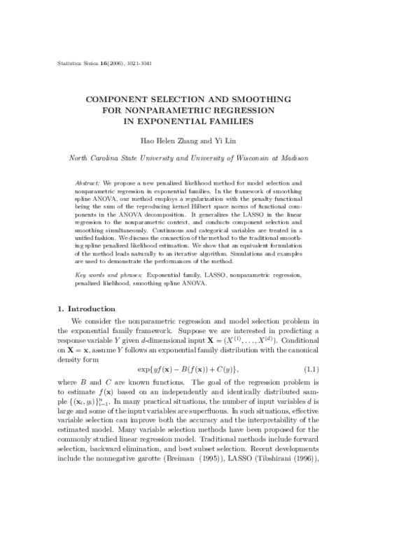 (PDF) Component selection and smoothing for nonparametric regression in exponential families ...