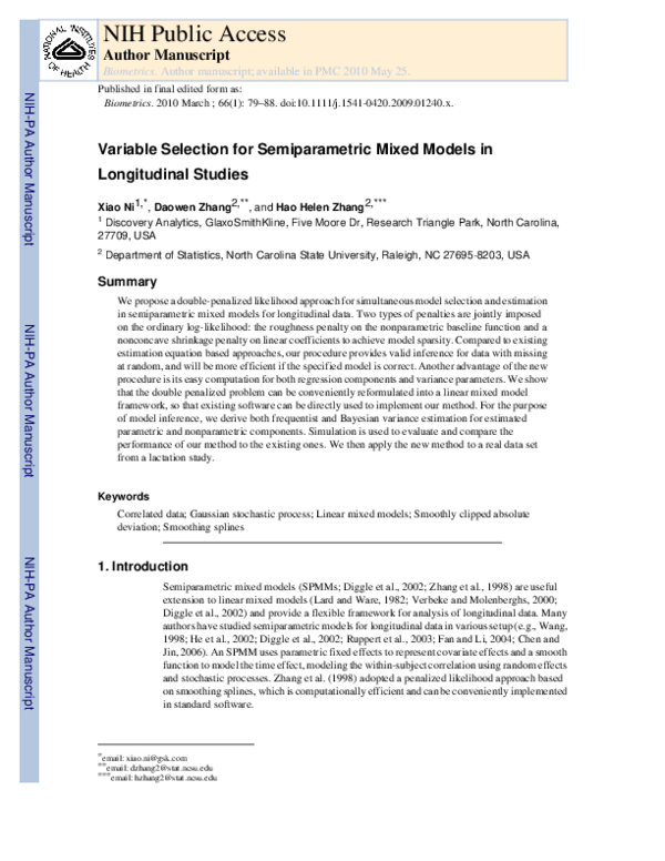 Pdf Variable Selection For Semiparametric Mixed Models In