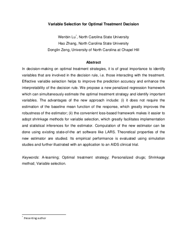 (PDF) Variable selection for optimal treatment decision (PDF) Variable selection for optimal treatment decision