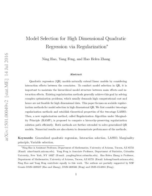Pdf Model Selection For High Dimensional Quadratic Regression Via Regularization Hao Helen 