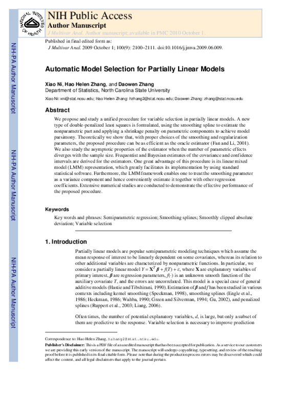 Pdf Automatic Model Selection For Partially Linear Models