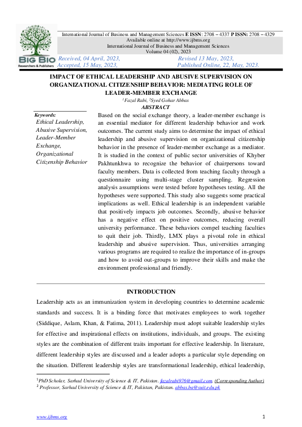 (PDF) IMPACT OF ETHICAL LEADERSHIP AND ABUSIVE SUPERVISION ON ORGANIZATIONAL CITIZENSHIP ...