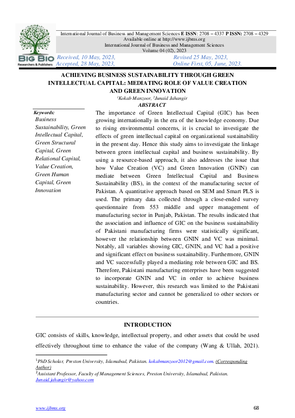 (PDF) ACHIEVING BUSINESS SUSTAINABILITY THROUGH GREEN INTELLECTUAL CAPITAL: MEDIATING ROLE OF ...