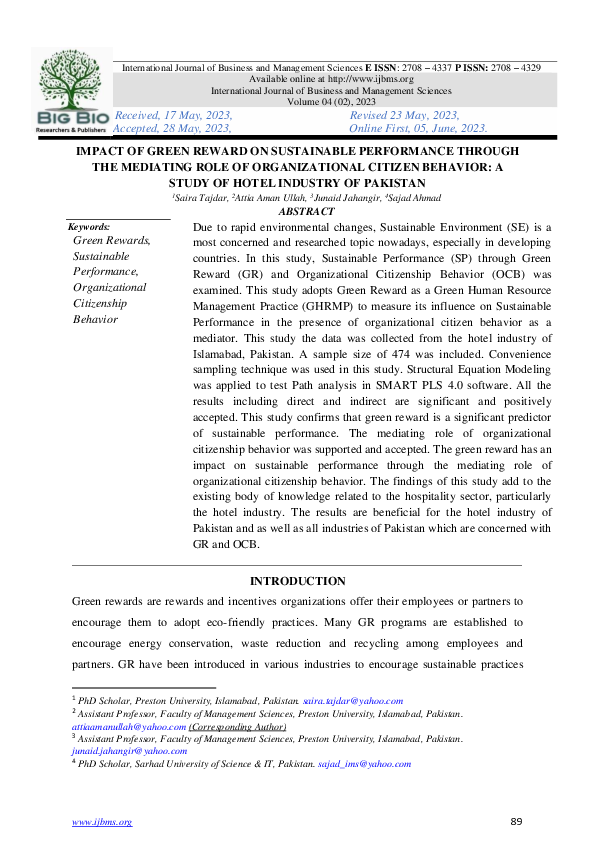 (PDF) IMPACT OF GREEN REWARD ON SUSTAINABLE PERFORMANCE THROUGH THE MEDIATING ROLE OF ...