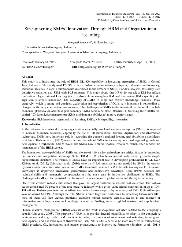 (PDF) Strengthening SMEs’ Innovation Through HRM and Organizational Learning