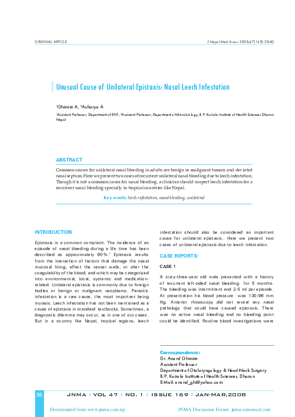(PDF) Unusual Cause of Unilateral Epistaxis: Nasal Leech Infestation