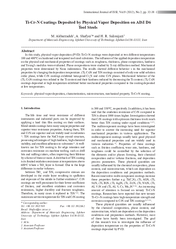 (PDF) Ti-CrN Coatings Deposited by Physical Vapor Deposition on AISI D 6 Tool Steels | A ...
